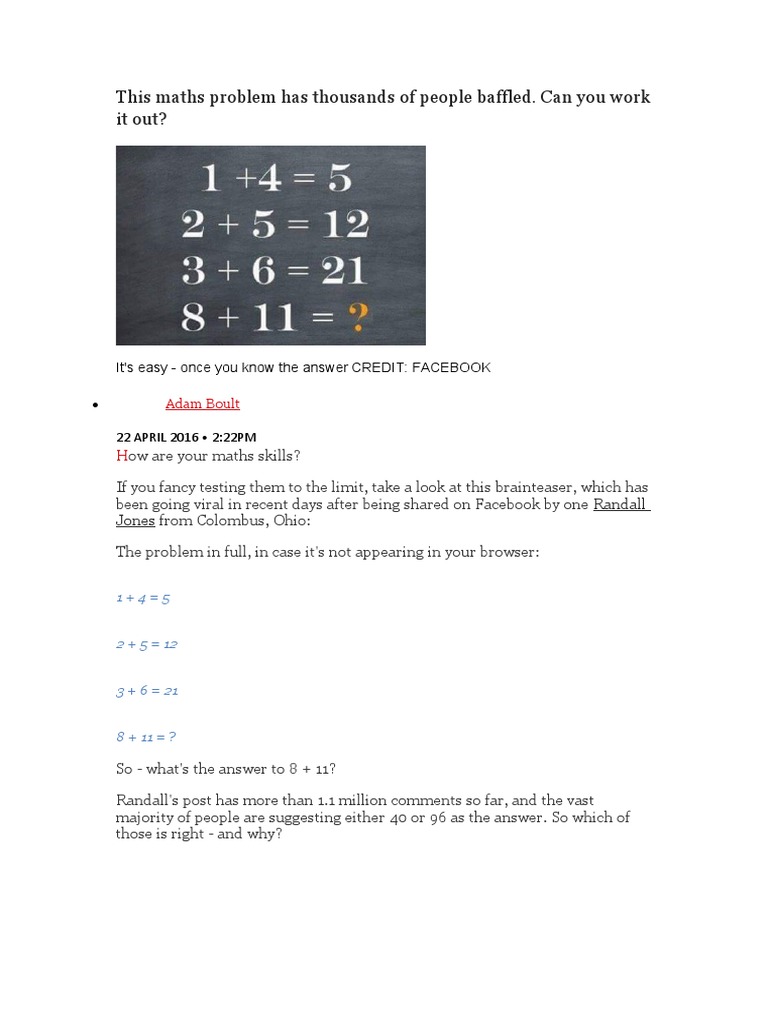 Viral Math Problem: 8 + 11 = ? | PDF | Logic | Cognition