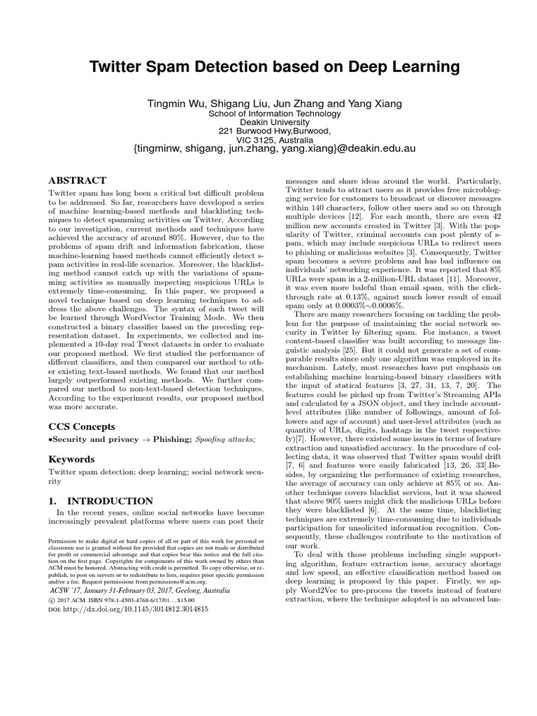 Twitter Spam Detection Based On Deep Learning: Tingmin Wu, Shigang Liu ...