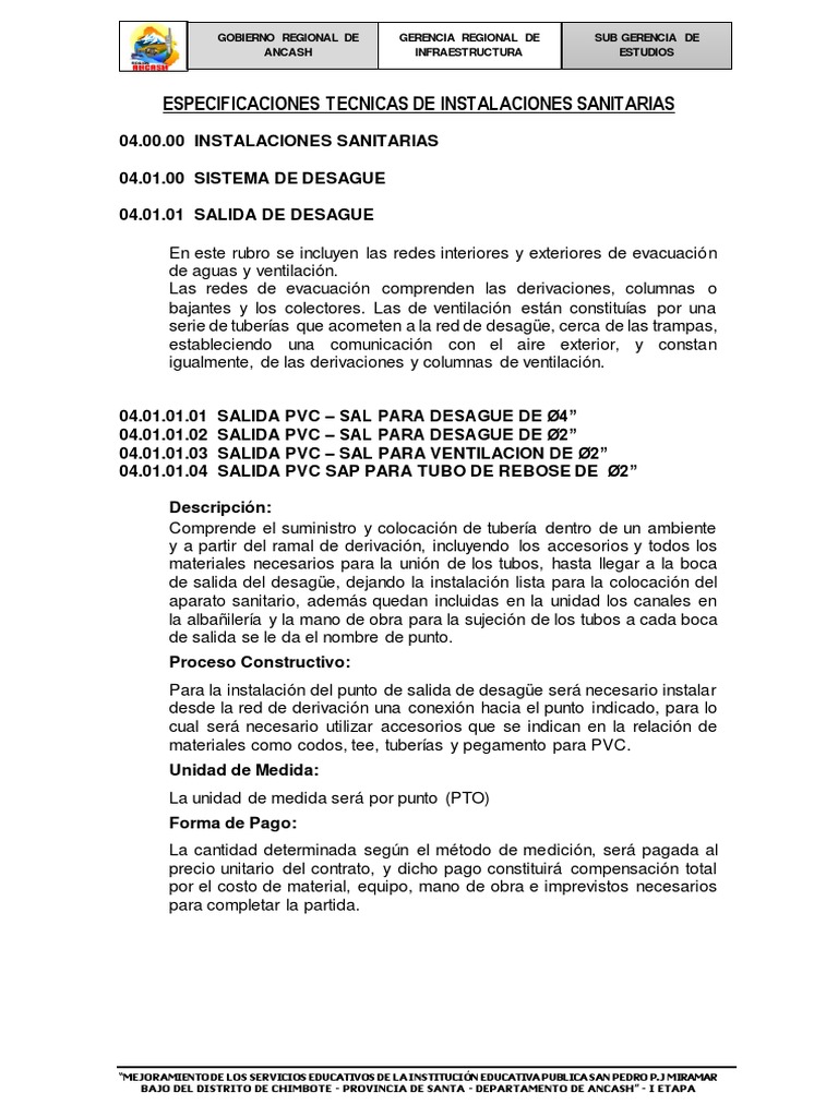Especificaciones Tecnicas de Instalaciones Sanitarias | Descargar gratis PDF | Colector de aguas ...