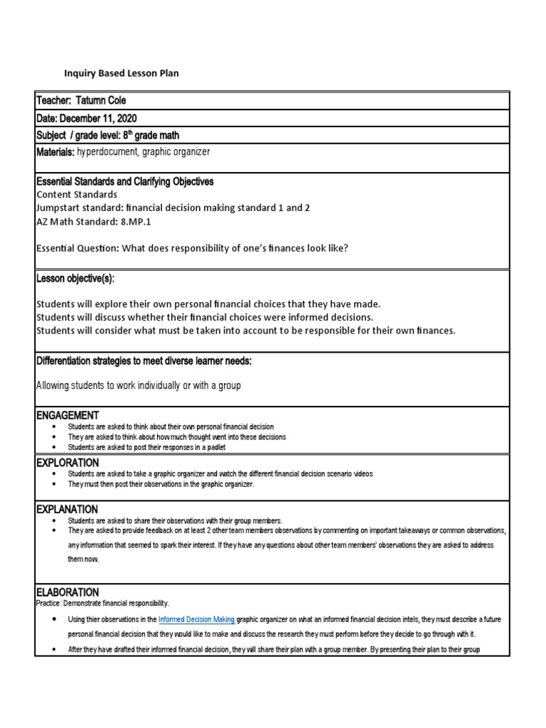 Inquiry Based Lesson Plan | PDF | Decision Making | Lesson Plan