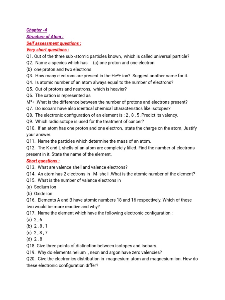 Structure of the Atom: Self-Assessment Questions on Subatomic Particles ...