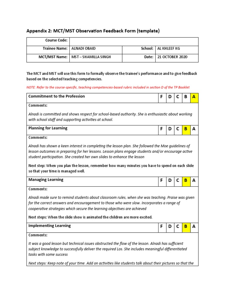 Appendix 2: MCT/MST Observation Feedback Form (Template) : Commitment ...