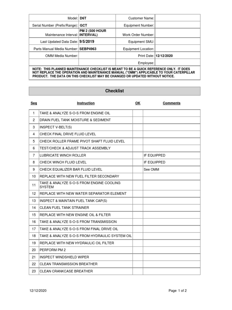 PM 2 (500 HOUR Interval) : Checklist | Download Free PDF | Motor Oil ...