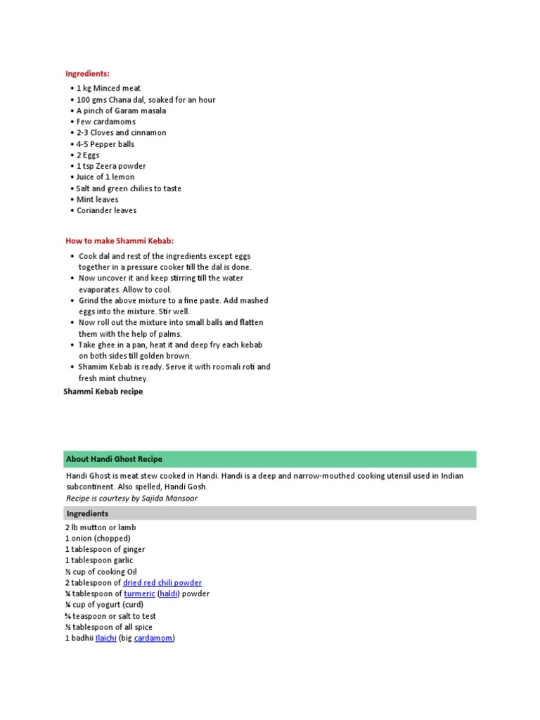 Shammi Kebab & Handi Ghost Recipes | PDF | Curry | Kebab