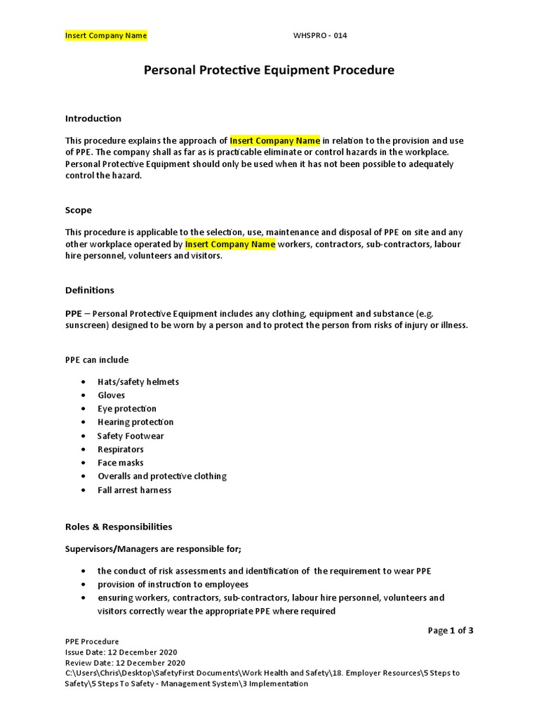 PPE Procedure, WHSPRO-014 CM | PDF | Personal Protective Equipment ...