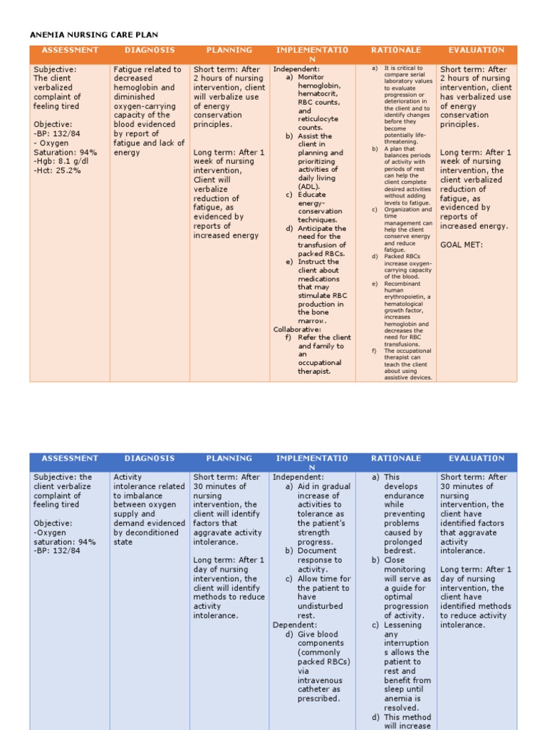 Anemia Nursing Care Plan Overview | PDF | Red Blood Cell | Anemia