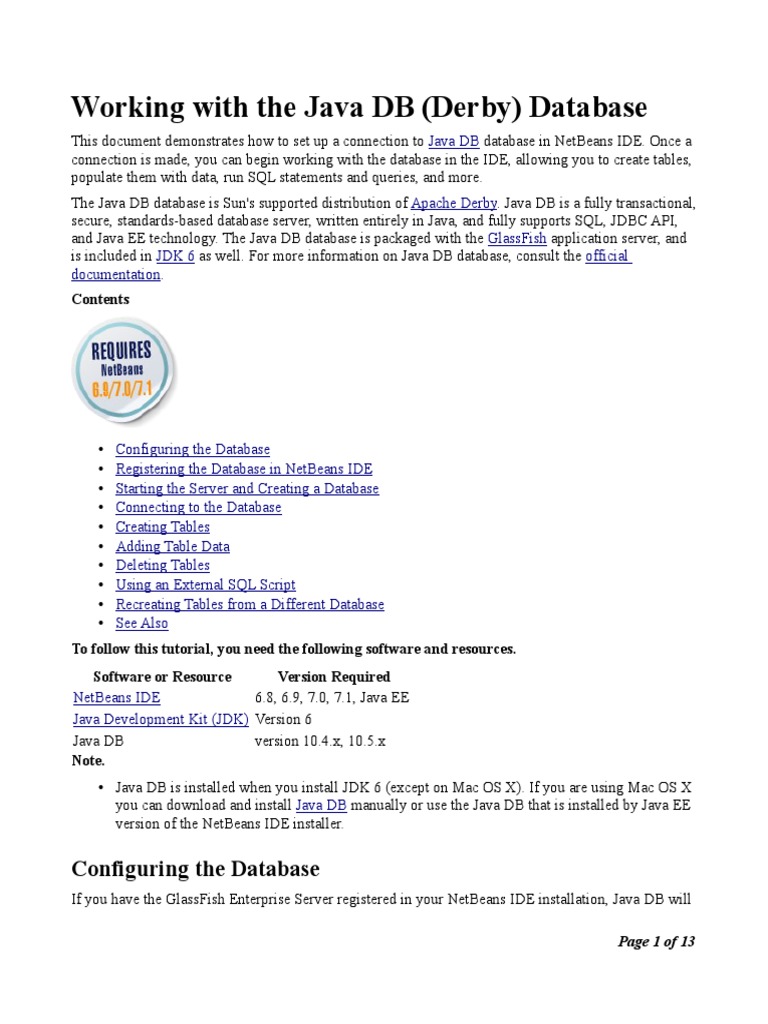 Working With The Java DB (Derby) Database | PDF | Databases | Java (Programming Language)