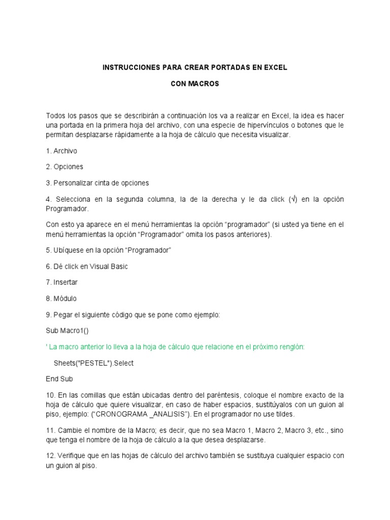 Instrucciones para Crear Portadas en Excel | Descargar gratis PDF ...