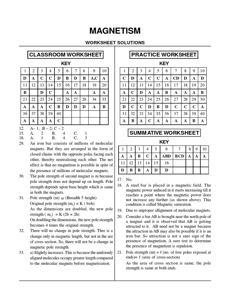 Magnetism Worksheet Answer Key | PDF | Magnetism | Magnet