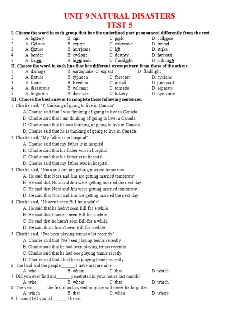 English 9 Unit 9 Natural Disasters Test 5 | PDF | Unidentified Flying ...
