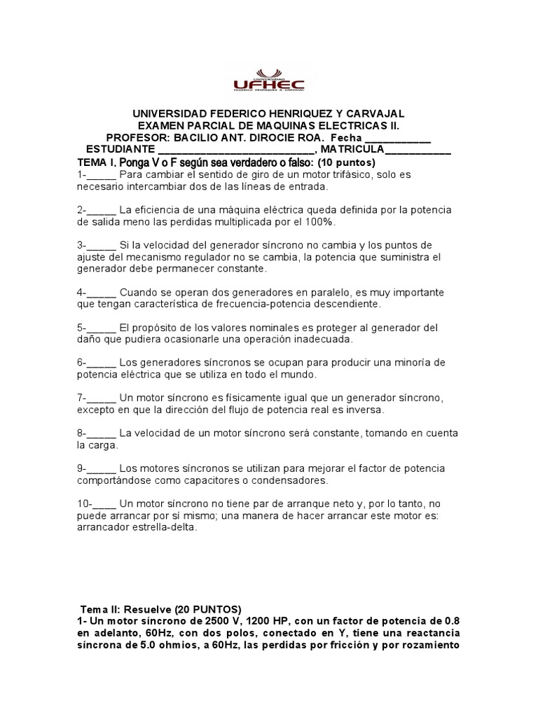 Examen P 2. Maquinas Electricas Ii | PDF | Energia electrica | Generador eléctrico