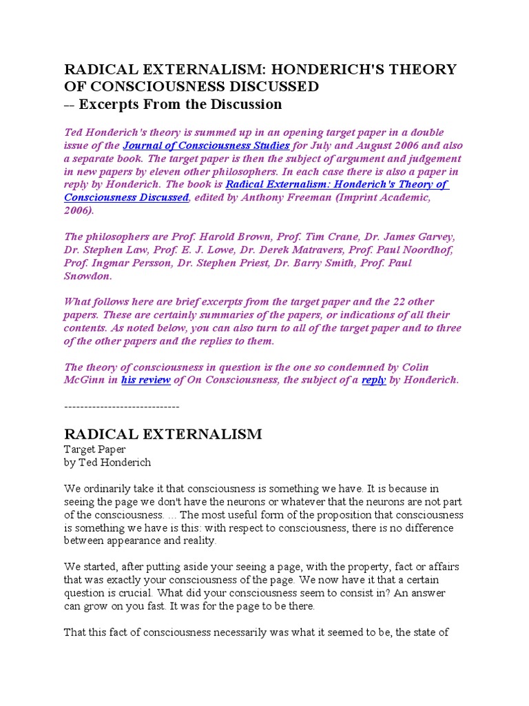 Honderich - Radical Externalism | PDF | Consciousness | Philosophy Of Mind