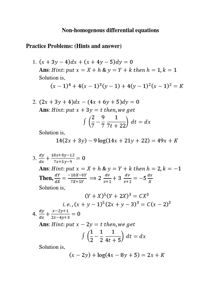 Non - Homogeneous Equations Practice Problems (Hint & Answer) | PDF ...