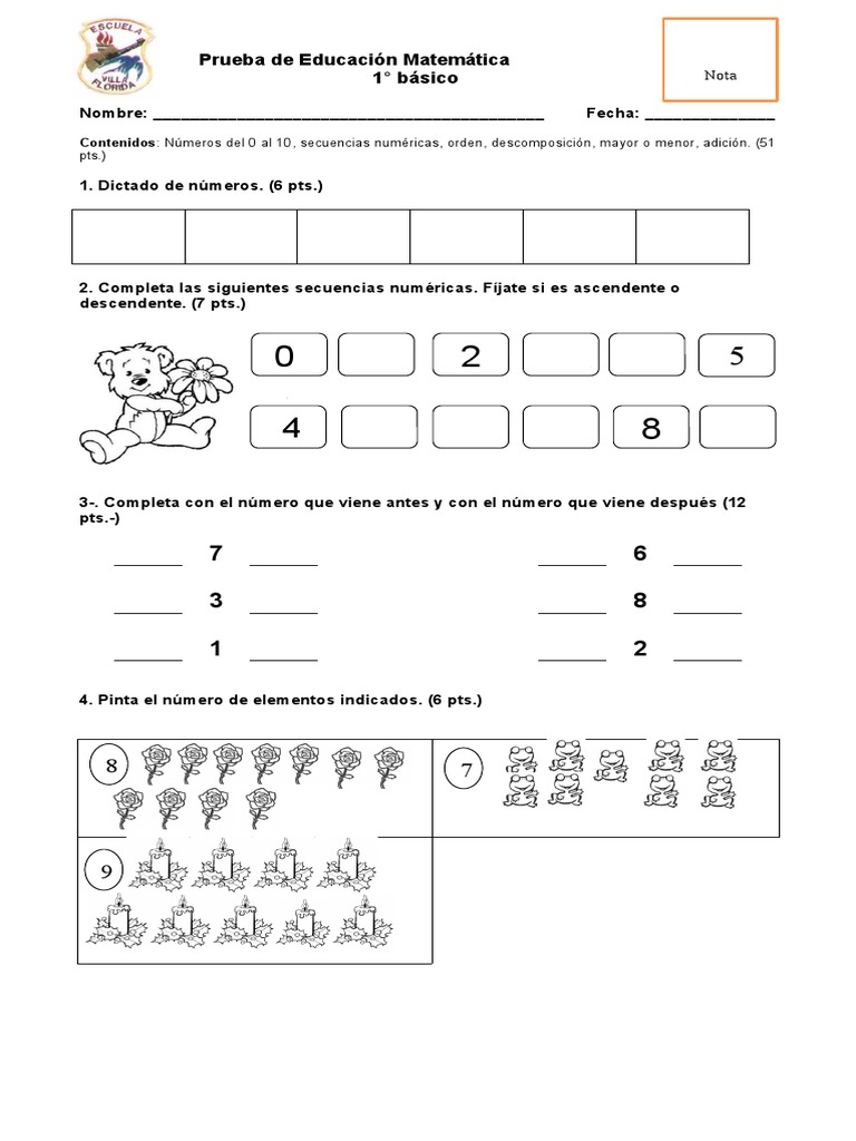 Prueba de Matemáticas 1° Básico | PDF