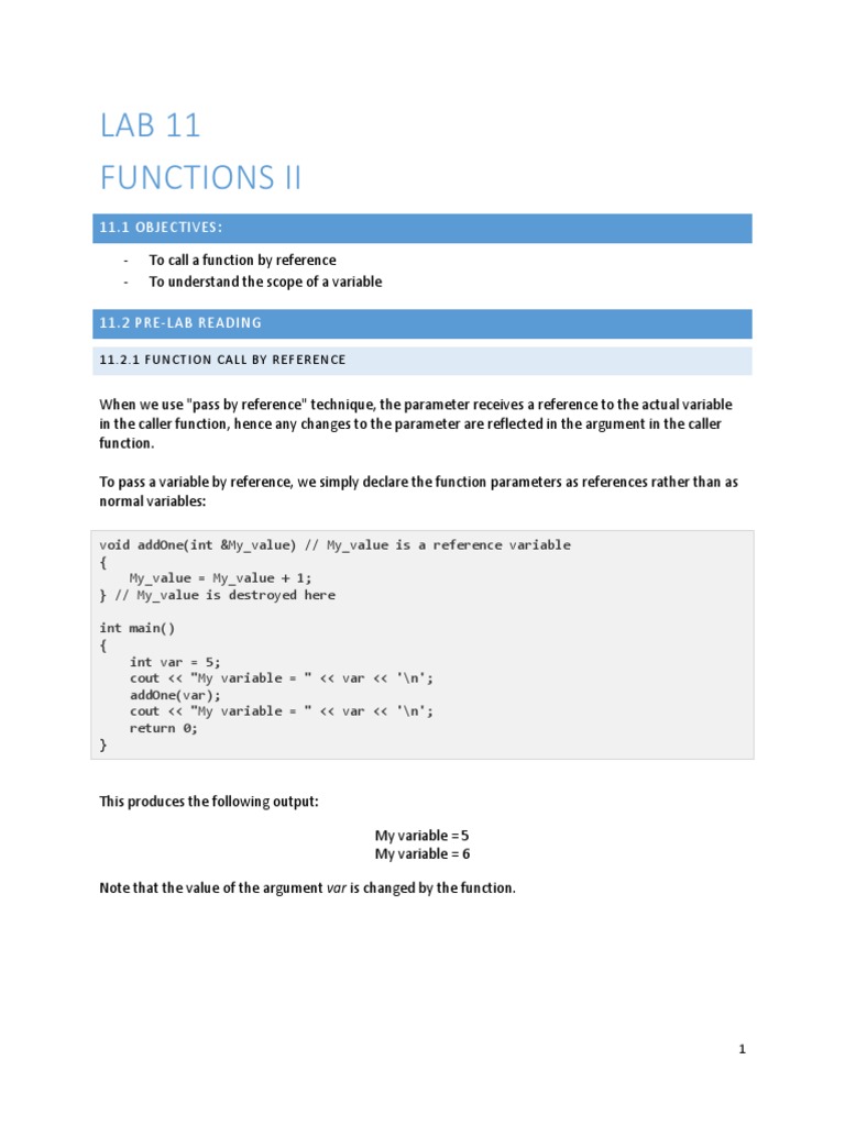 LAB 11 Functions Ii: 11.1 Objectives | PDF | Parameter (Computer ...