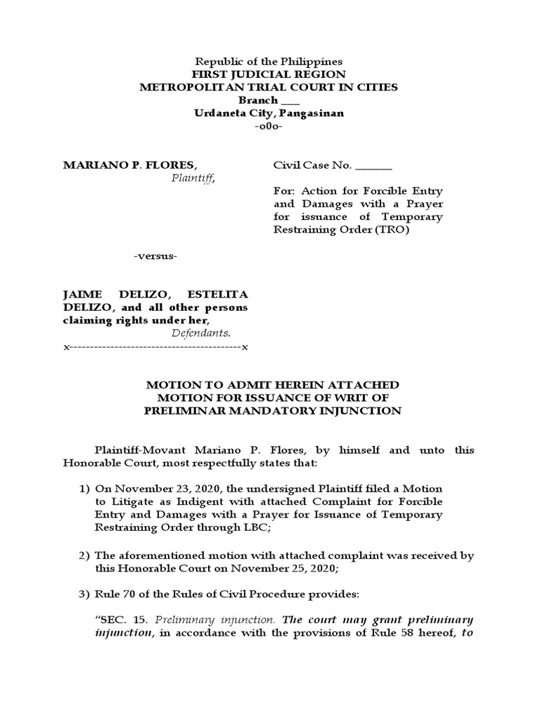 Motion For Issuance of Injunction | PDF | Injunction | Complaint