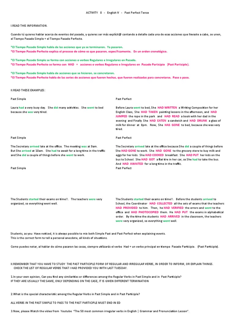 Activity 8 - English V - Past Perfect Tense | PDF | Morphology | Cognitive Science