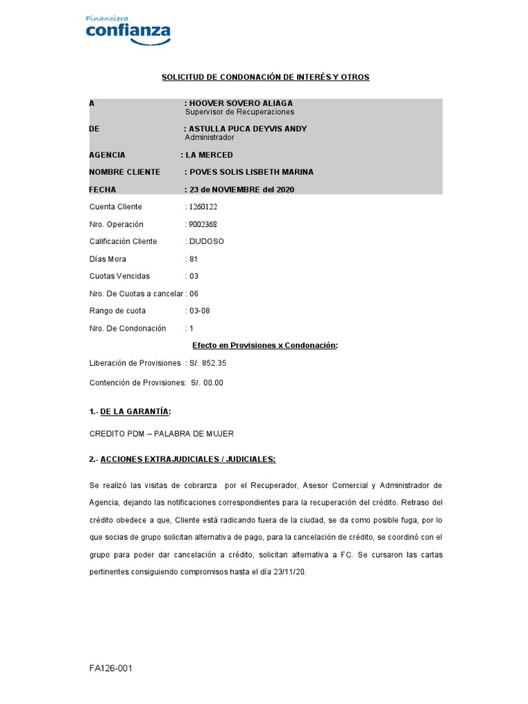 Solicitud de Condonacion de Interes y Otros POVES SOLIS LISBETH MARINA | PDF | Responsabilidad ...