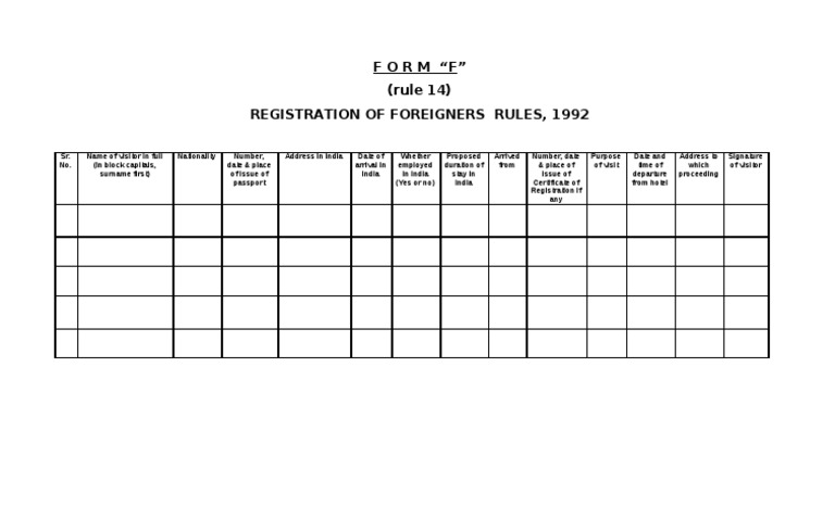Form "F" (Rule 14) Registration of Foreigners Rules, 1992 | PDF