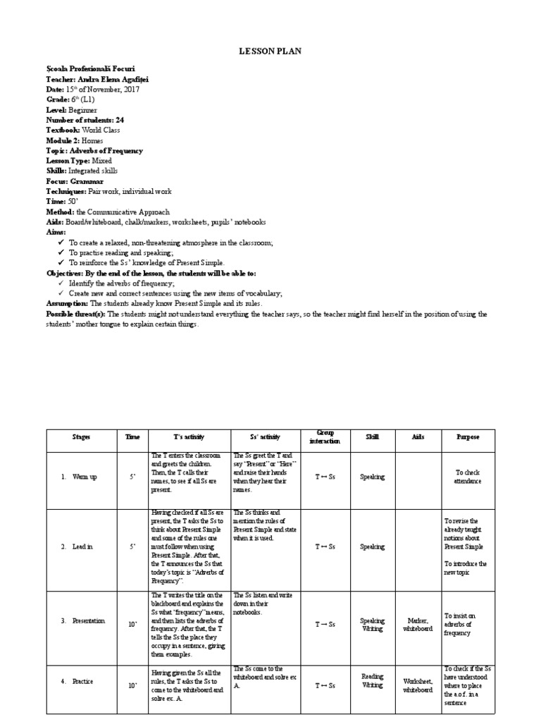 Lesson Plan For The 6th Grade - Adverbs of Frequency | PDF | Lesson ...