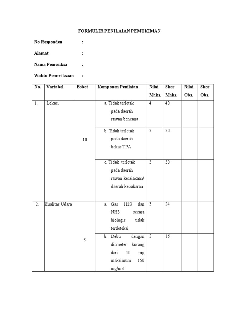 Formulir Penilaian Pemukiman | PDF