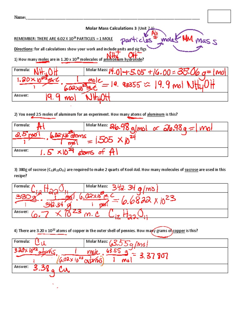 Molar Mass Calculations 3 Key | PDF | Teaching Methods & Materials