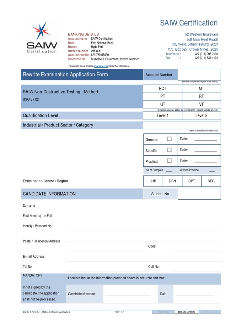 PF 04 08 Rev 04 RW Exam Appl SAIW NDT Lev 1 2 PDF | PDF | Government ...