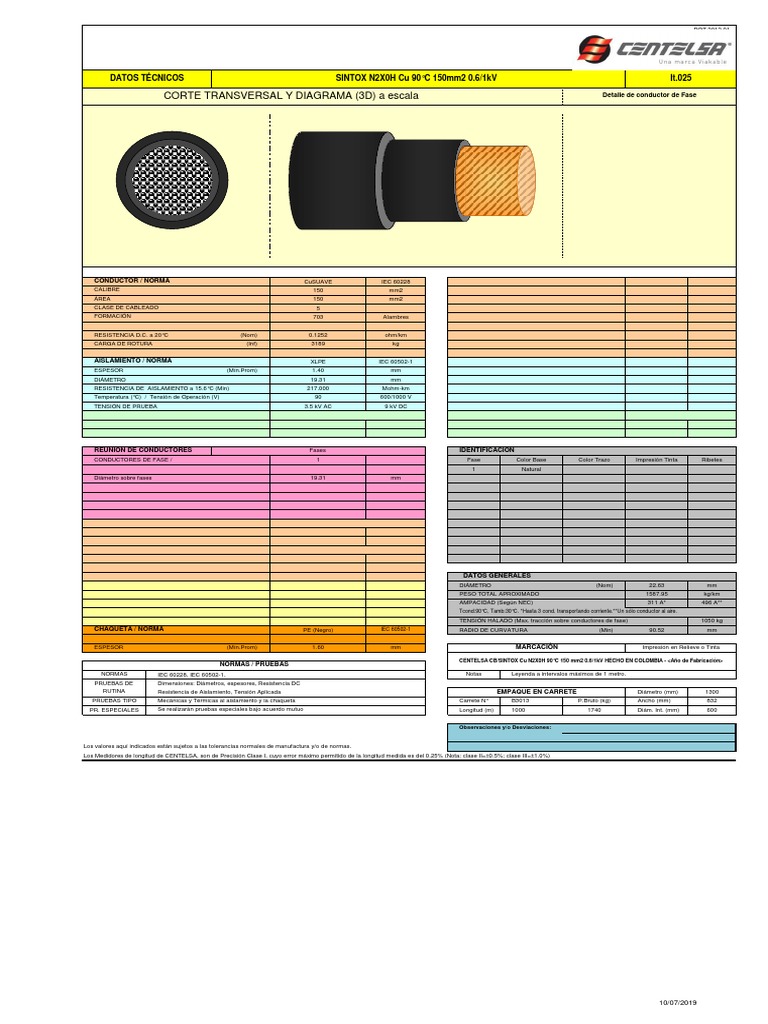 SINTOX N2X0H Cu 90°C 150mm2 0.6-1kV | PDF | Resistencia Eléctrica y ...