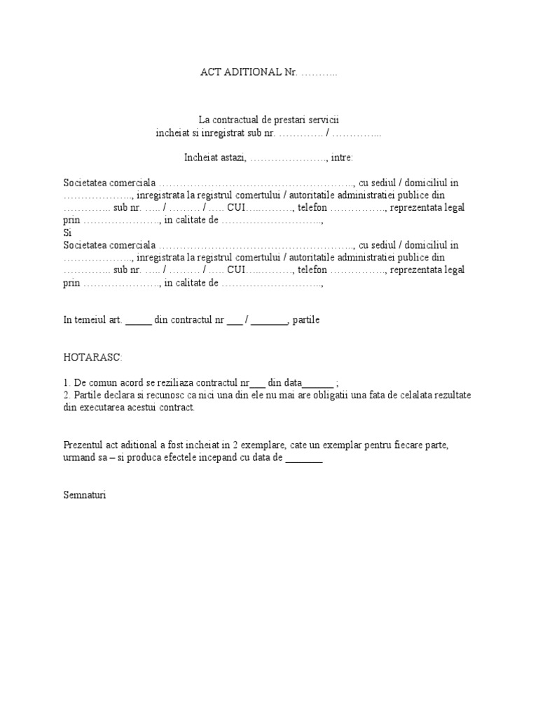 Model de Act Aditional de Reziliere Contract Individual de Munca ...