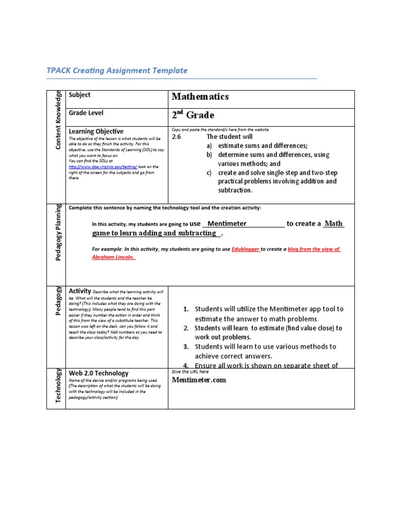 2nd Grade Math TPACK Assignment Template | PDF | Mobile App | Teachers