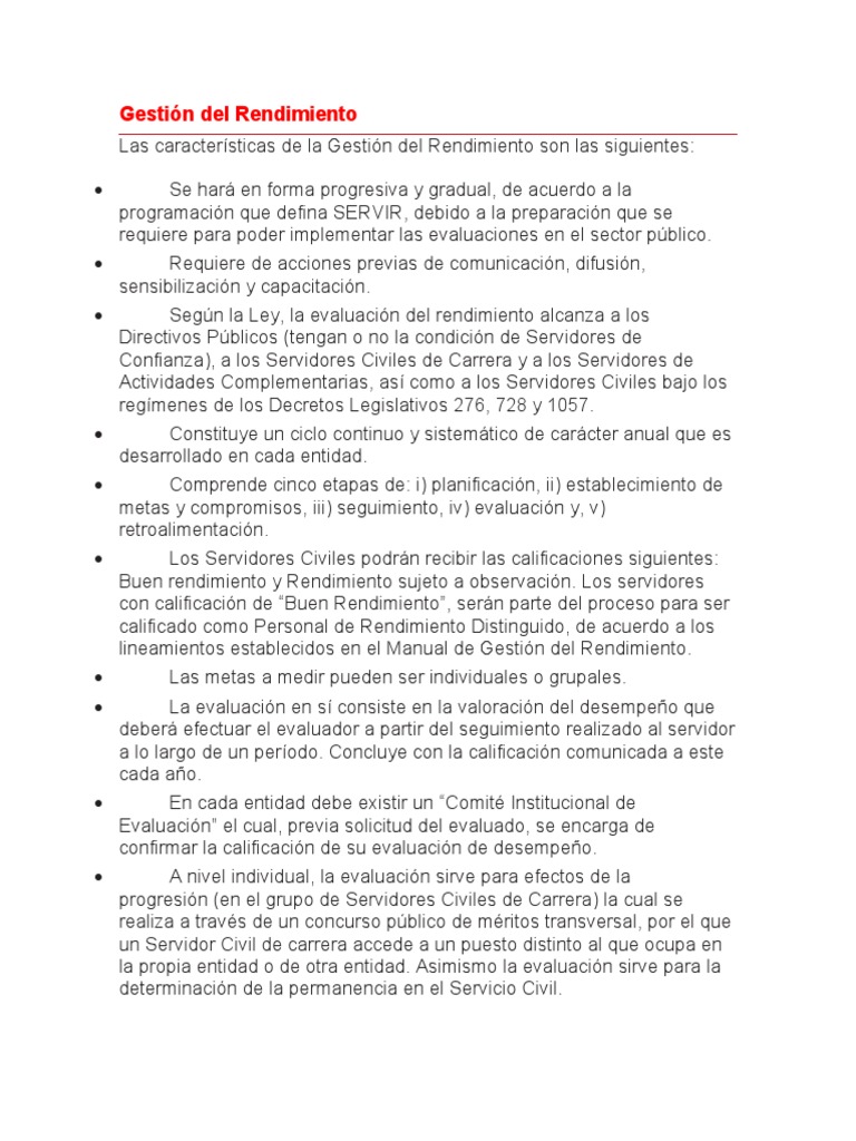 Gestión Del Rendimiento Caracteristicas | PDF | Evaluación | Planificación