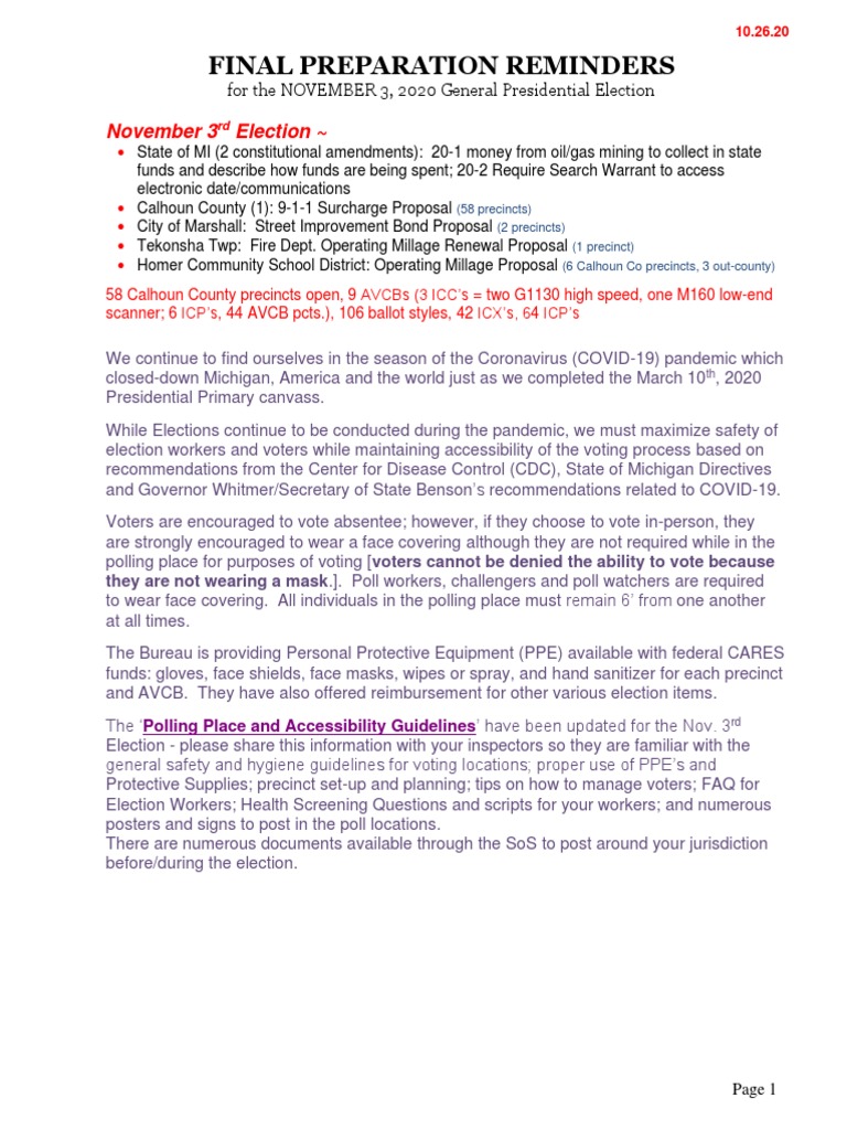 Final Preparation Reminders: November 3 Election | PDF | Voter ...