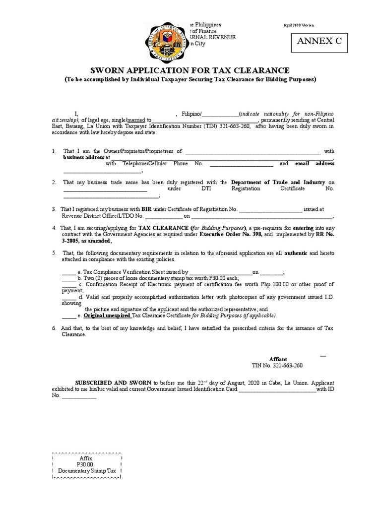 Sworn Application For Tax Clearance: Annex C | PDF | Identity Document | Taxes
