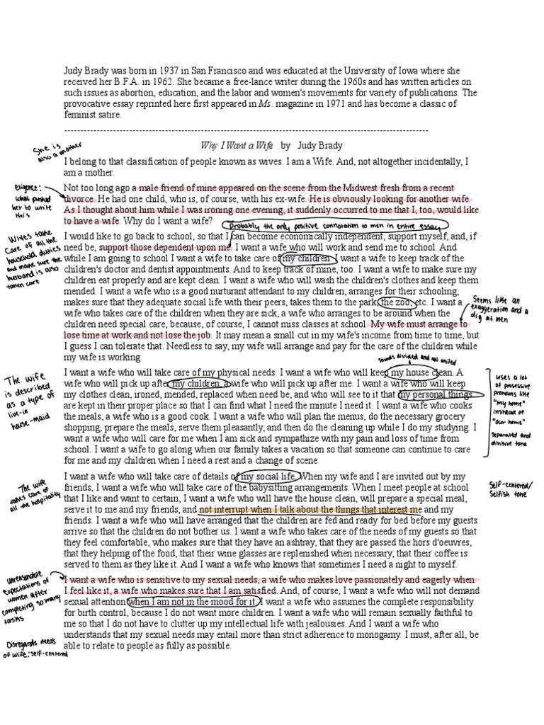 I Want A Wife by Judy Brady Annotated Essay | PDF | Foods