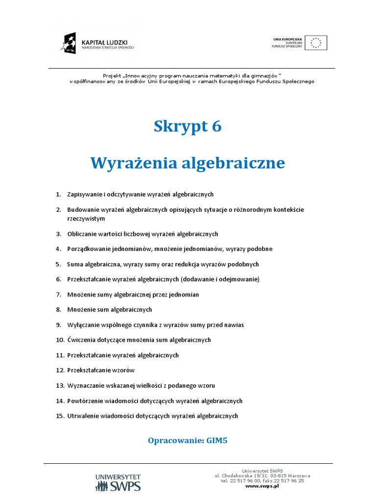 Skrypt 6 Wyrażenia Algebraiczne PDF | PDF