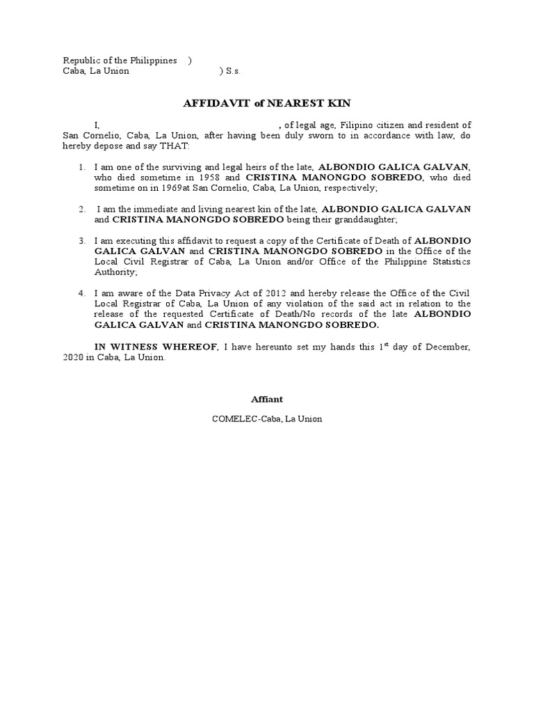 Affidavit of Nearest Kin:, of Legal Age, Filipino Citizen and Resident ...