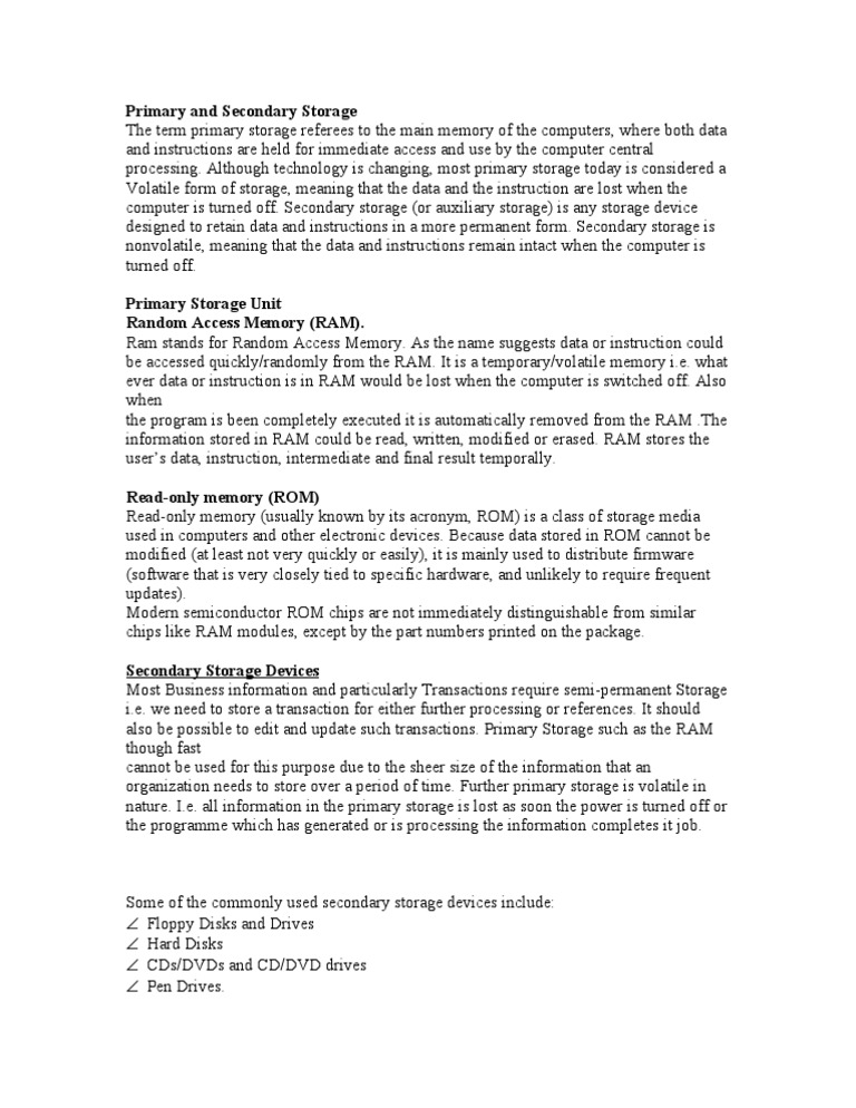 Primary and Secondary Storage Devices | PDF | Computer Data Storage | Random Access Memory