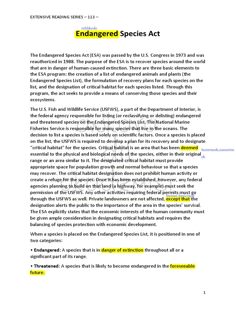 Endangered Species Act: Extensive Reading Series - 113 | PDF ...