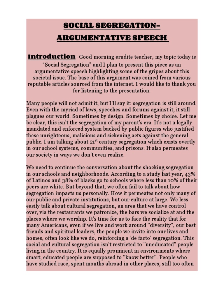 Social Segregation-Argumentative Speech: Introduction - Good Morning ...