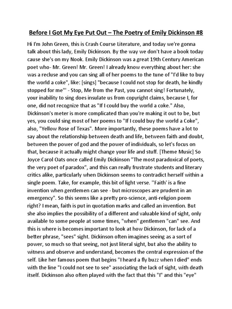 Before I Got My Eye Put Out - The Poetry of Emily Dickinson #8 | PDF ...