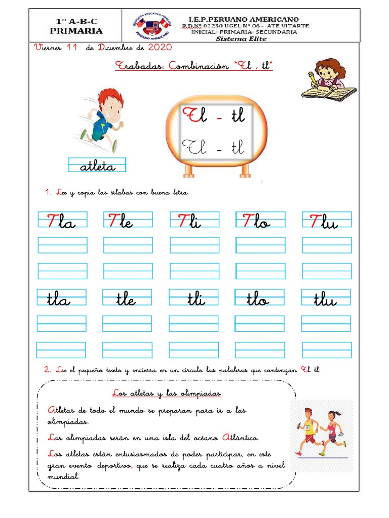Combinación de sílabas Tl-tl: ficha de comunicación sobre atletas y ...