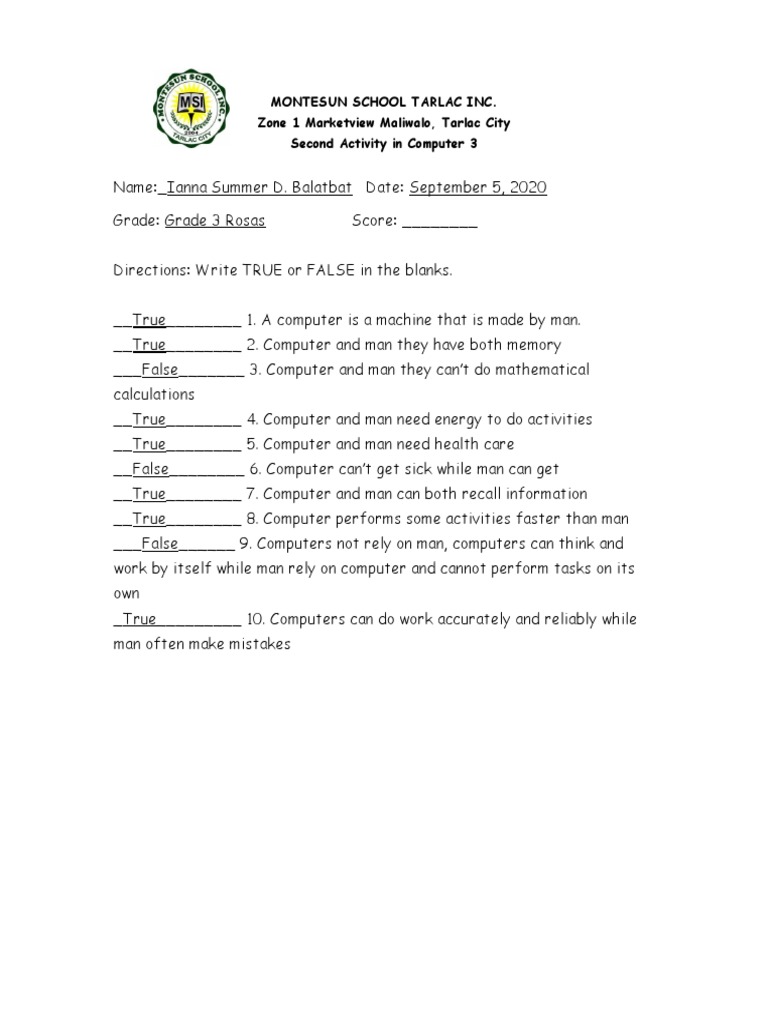 Computer Activity Grade 3 | PDF
