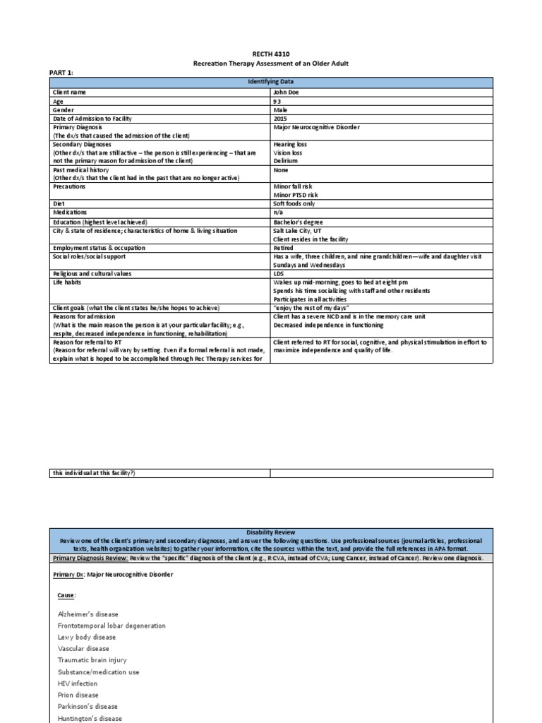 Recreation Therapy Assessment for Elderly Client | PDF | Medical ...