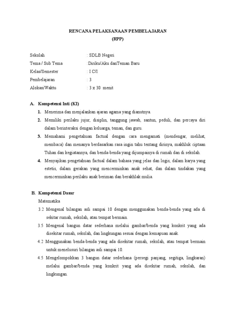 RPP Kelas 1: Tema Diriku dan Teman Baru | PDF