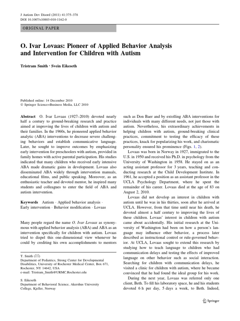 Ivar Lovaas: ABA Pioneer for Autism | PDF | Autism | Behavioural Sciences