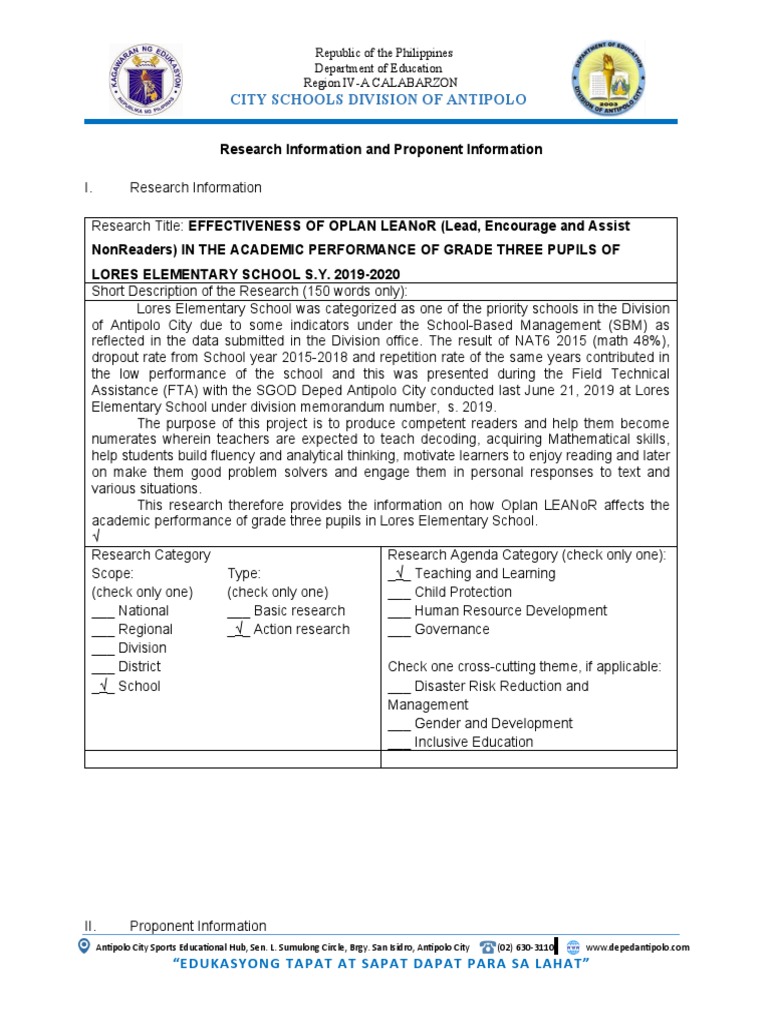 City Schools Division of Antipolo: Research Information and Proponent ...