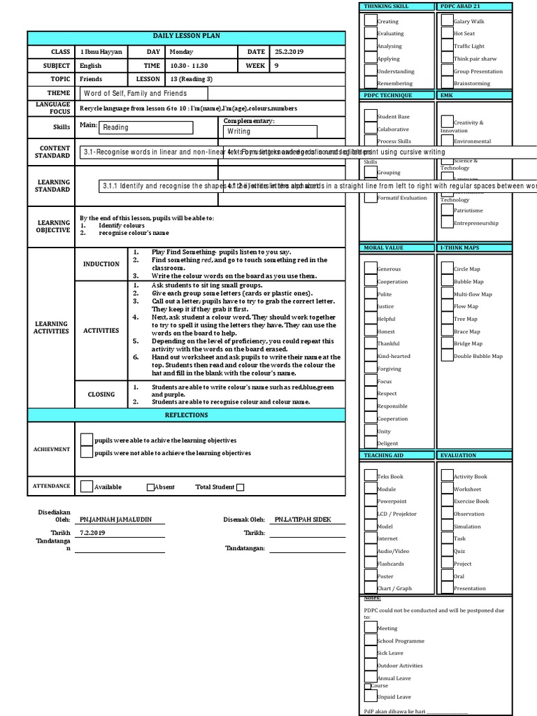 Daily Lesson Plan: Class DAY Date Subject Time Week Topic Lesson Theme ...