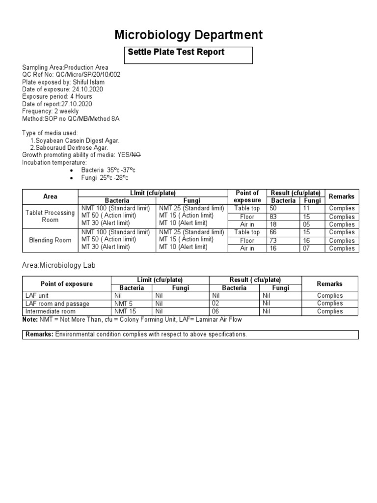 Microbiology Department: Settle Plate Test Report | PDF