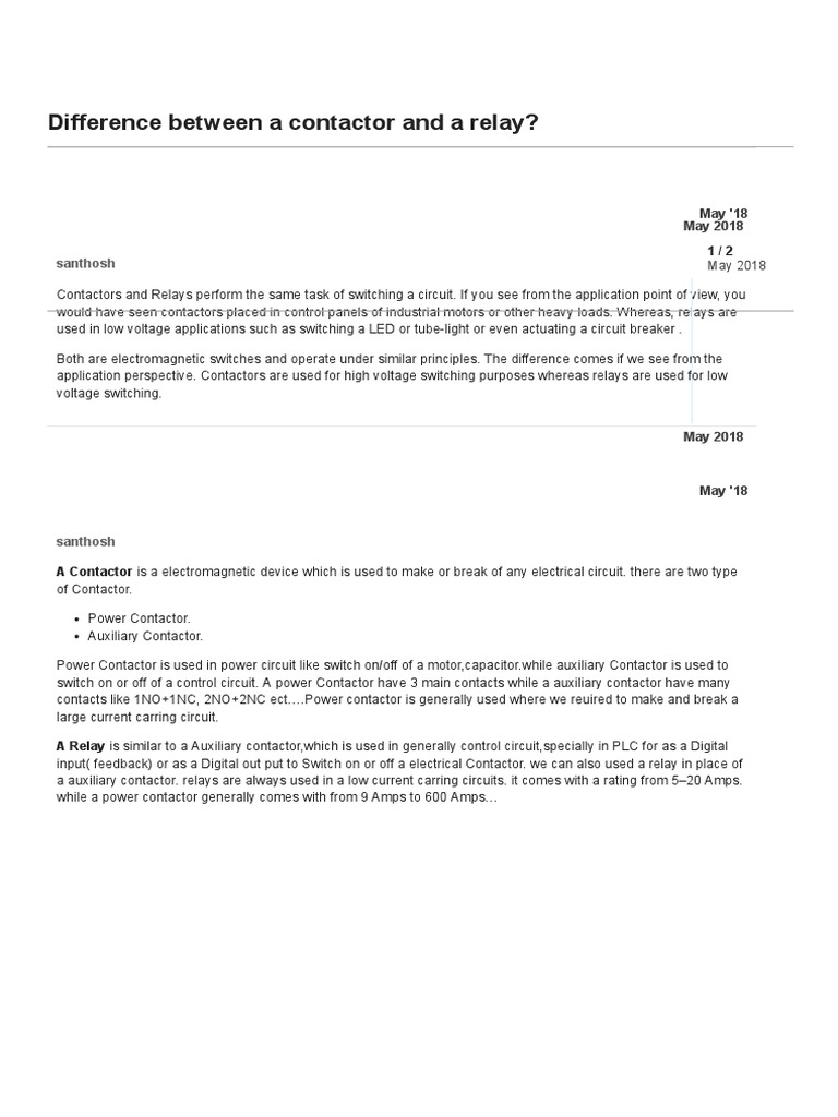 Difference Between A Contactor and A Relay | PDF