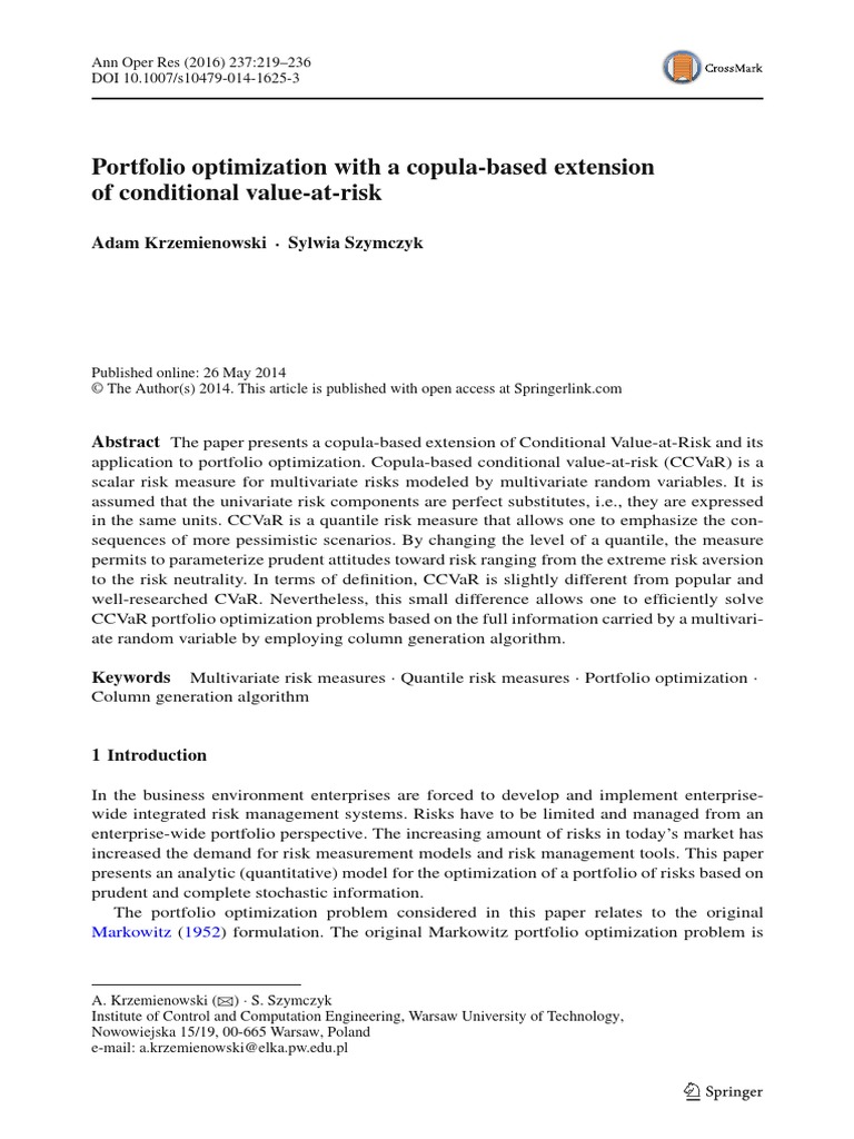 Portfolio Optimization With A Copula-Based Extension of Conditional Value-At-Risk | PDF ...